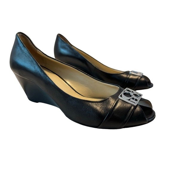 Coach | Shoes | Coach Piper Black Leather Classic Peep Toe Logo Wedge ...